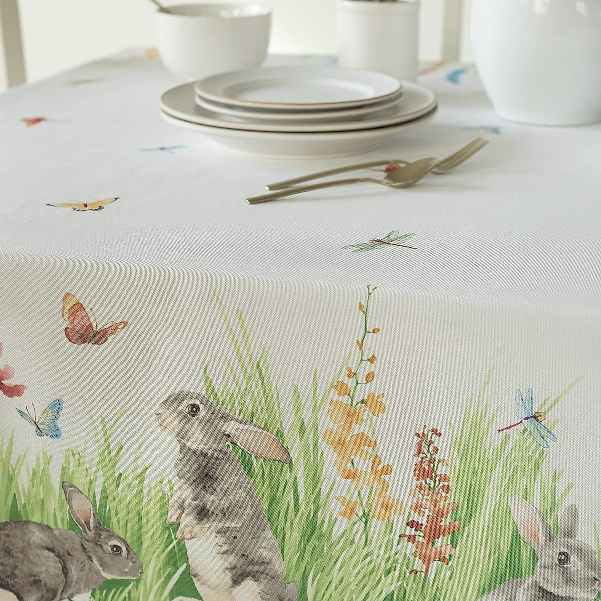 Benson Mills Bunny Meadow Easter Heavyweight Fabric Tablecloth, Spillproof Indoor/Outdoor Spring and Easter Table Cloth (60" x 84" Rectangular, Bunny Meadow)