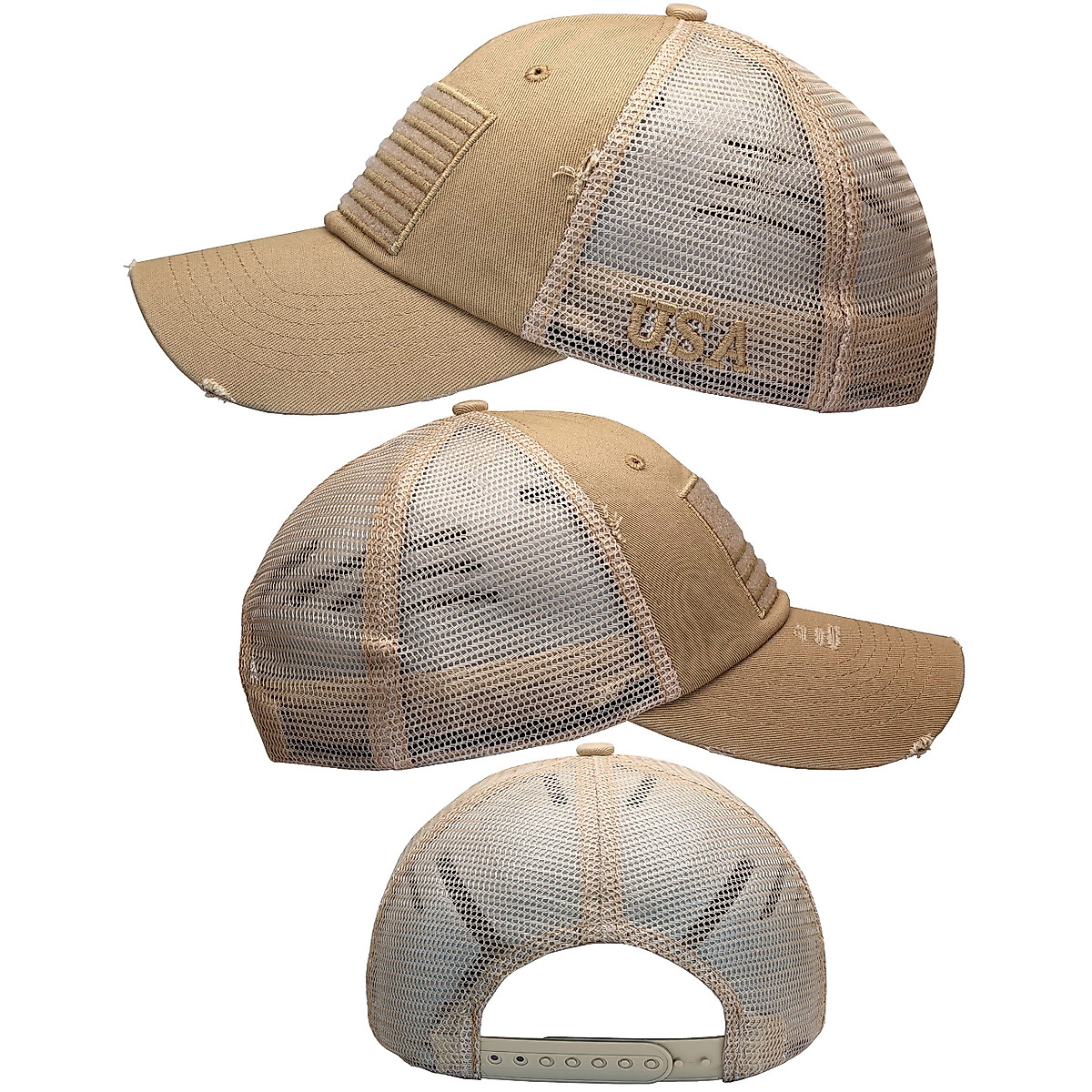 Antourage American Flag Unconstructed Hat for Men and Women Twill Mesh Snapback Baseball USA Flag Cap + 2 Patriotic Patches ((10) Khaki Distressed Mesh Snapback)