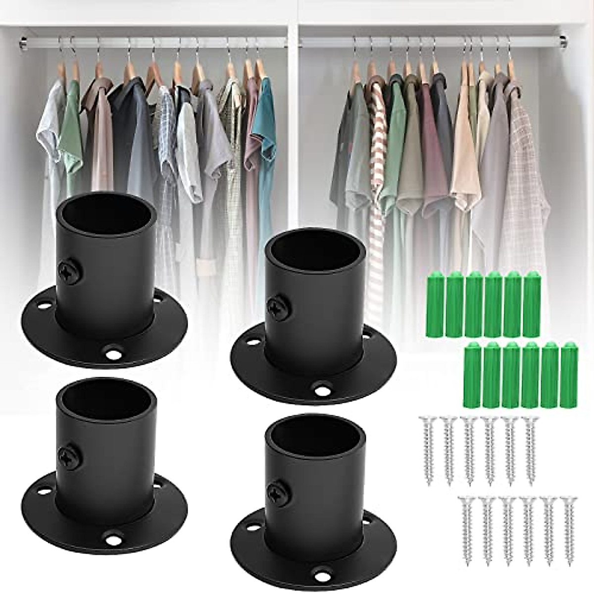 Qjaiune 4PCS Closet Pole Socket Set Wardrobe Rod Bracket, 3/4 Inch Curtain Rod Support Bracket Black Closet Rod Holder, Stainless Steel Closet Flange Heavy Duty Closet Rod End Supports (O Shaped)