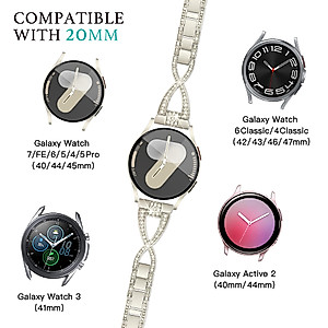 G-ficu Galaxy Watch 7/6/5/4/FE band, 20mm X-Shape Band for Samsung Galaxy Watch 4 5 6 7 Band 40mm 44mm, Women Bling Metal Bands for Watch 5Pro/Watch 6 4 Classic/Watch 3 41mm/Active 2-Cream Silver