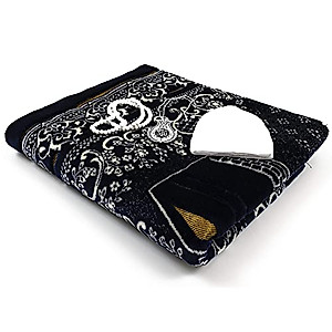 Modefa Free Prayer Cap, Beads & Car Hanger, Islamic Prayer Rug Janamaz - Plush Velvet Wide (Navy Blue)