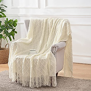 Yastouay Knitted Throw Blankets Soft Cozy Knit Blanket with Tassel Lightweight Breathable Fleece Blanket Decorative Blanket for Couch, Bed, Sofa, Travel and Farmhouse, 50"x60", Off White