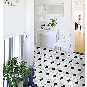 CiCiwind Peel and Stick Floor Tiles 12 PCS-12" x 12" Self Adhesive Black & White Marble Lattic Pattern Floor Tiles for Bathrooms，Kitchen，Living Room，Dining Room