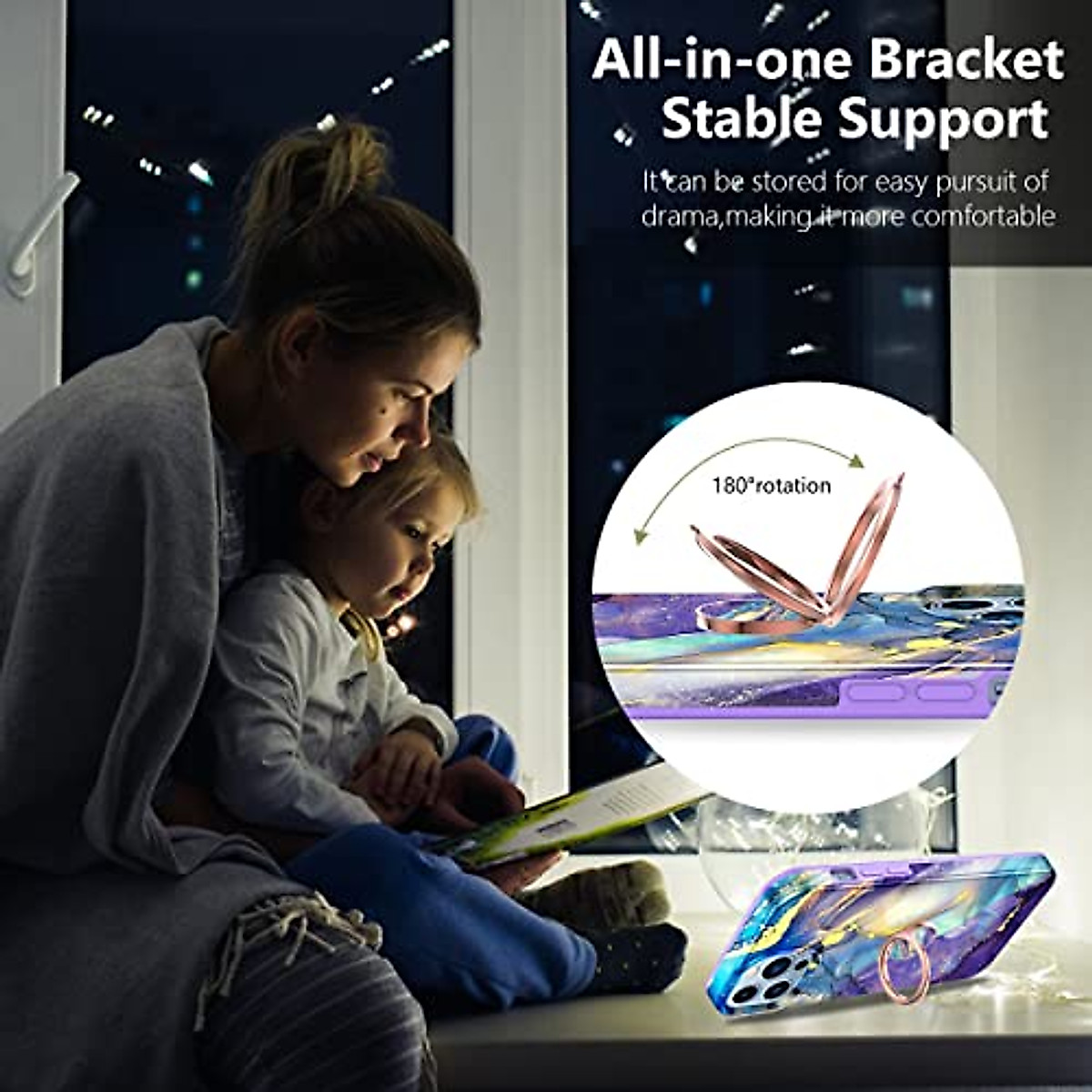 Rancase Compatible with iPhone 13 Pro Max Case with Ring Stand [360°Rotatable Ring Holder] Durable Marble Shockproof Kickstand TPU Slim Bumper Girls Case for iPhone 13 Pro Max 6.7 inch,Purple