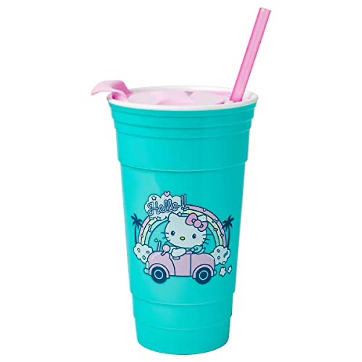 Silver Buffalo Hello Kitty Rainbow Car Plastic Tumbler with Lid and Straw, 32 Ounces
