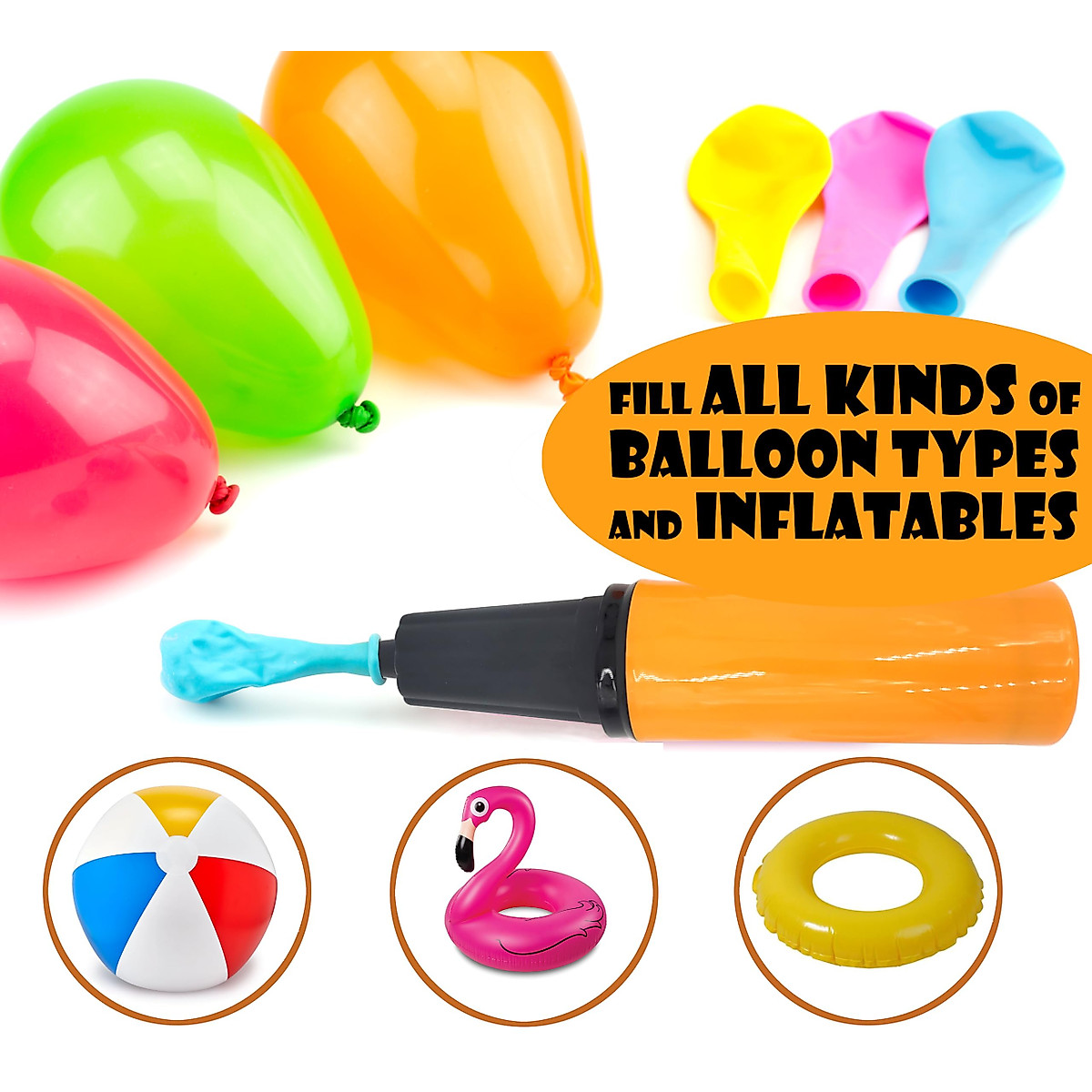 OODELZ Balloon Pump Hand Held Kit, Inflator Air Pump for Balloons - 2 Way Manual Dual Action - Plus Accessories for Kids’ Party, Birthday Party, Special Event (1 Pump Kit (Orange))