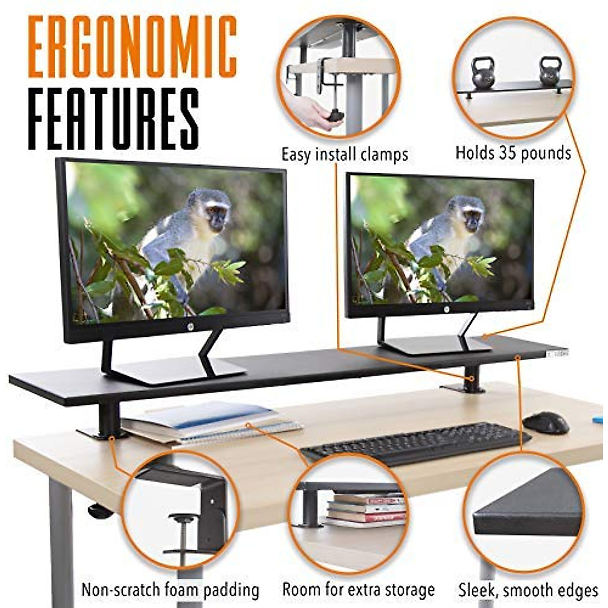 Stand Steady 48" Clamp-on Desk Shelf - Extra Large Surface Supports 3 Monitors - Sturdy 4 ft Monitor Stand Riser Easily Attaches with Clamp - No Screws Needed! (Large - 48 Inch)