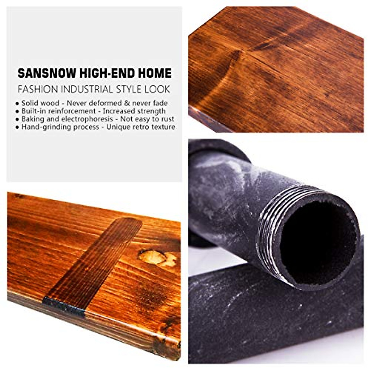 Sansnow 2-Shelf Vintage Industrial Iron Pipe Shelf Rustic Bookshelf Bar Shelves, Wood and Metal Bookcase, Floating Shelf for Home Farmhouse, Retro Black and Brown