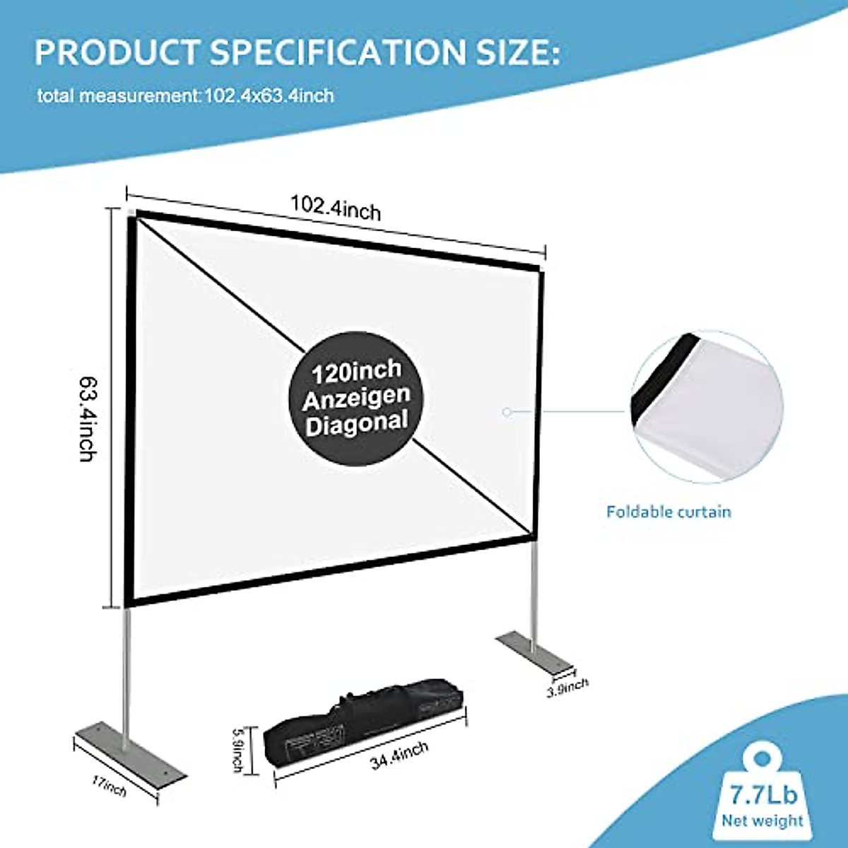 Projector Screen with Stand 120 inch 16:9 HD 4K Outdoor Indoor Projection Screen for Home Theater 3D Fast-Folding Projector Screen with Stand Legs and Carry Bag Projection Movie Wrinkle-Free…