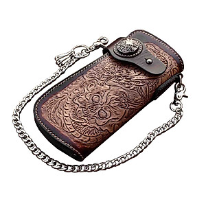 crazy hunter Dragon Skull Motorcylce Biker Cow Leather Card Holder Handmade Wallet With Chain L66