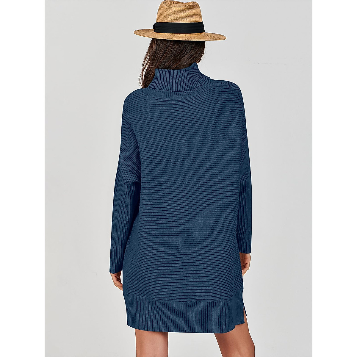 ANRABESS Women's Oversized Turtleneck Sweater Dress Pullover Batwing Sleeve Split Hem Tunics Fall Casual Short Dresses Dark Blue