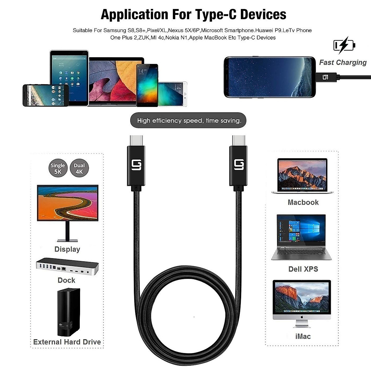 GodSpin USB C to USB C Cable (10Gbps) SuperSpeed [Certified] USB Type-C to USB Type-C, 100W Power (USB 3.1, 3.2, Thunderbolt 3) Nylon Braided, Dual 4k or Single 5k @60hz Display (10ft/10Gbps)