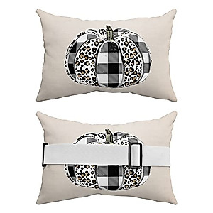 Recliner Head Pillow Ledge Loungers Chair Pillows with Insert Farmhouse Black Plaid Leopard Pumpkin Lumbar Pillow with Adjustable Strap Outside Patio Decorative Garden Cushion for Bench Couch, 2 PCS