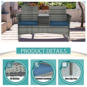 Pierybyt Patio Conversation Furniture Set Outdoor Patio Loveseat Rattan Chair Set with Cushions and Built-in Coffee Table Porch Furniture for Garden Lawn Backyard (Grey-Blue)
