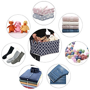 Sea Team Moroccan Lattice Pattern Canvas Fabric Storage Basket Collapsible Geometric Design Storage Bin with Drawstring Cover and PU Leather Handles, 16.5 by 11.8 inches, Waterproof Inner, Dark Blue