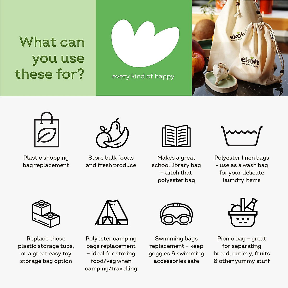 EKOH Organic Cotton Reusable Produce Bags - Set of 6 Drawstring Bags 3 Sizes -Shopping and Storing Fruit, Vegetables, Bread, Herbs, Nuts Fabric Bags - Eco Washable Bag (Organic Cotton Muslin 6 Pack)