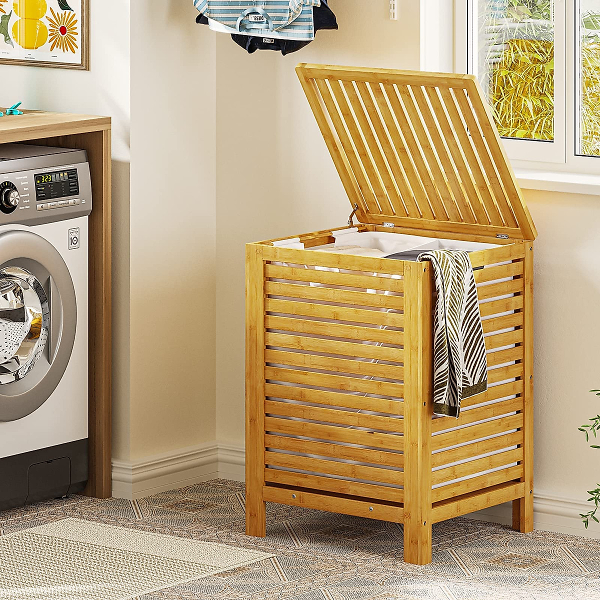 VIAGDO Laundry Hamper with Lid, 120L Large Divided Clothes Hamper, Bamboo Laundry Basket with 2 Sections Removable Liner Bag, 17.7x17.7x25.8 Inches, Natural