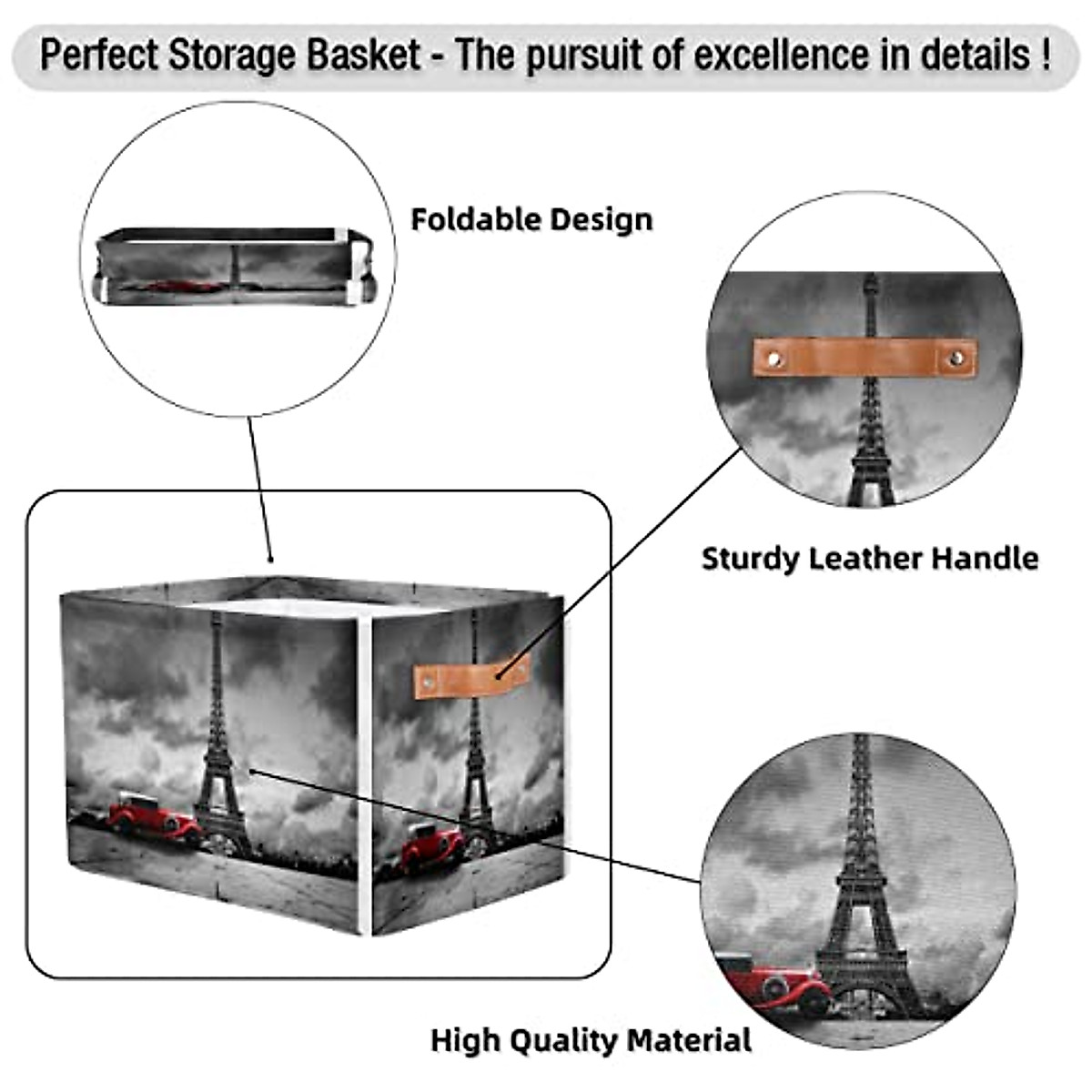 Large Collapsible Storage Bins ,Paris Eiffel Tower Car Decorative Canvas Fabric Storage Boxes Organizer with Handles，Rectangular Baskets Bin for Home Shelves Closet Nursery Gifts