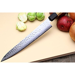 Yoshihiro VG-10 46 Layers Hammered Damascus Sujihiki Japanese Slicer Knife (9.5'' (240mm) Ambrosia Handle)