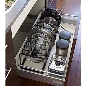 YAMAZAKI Home Tower Under Sink Pot Lids And Frying Pan Storage Kitchen Drawer Organizer Rack - Steel