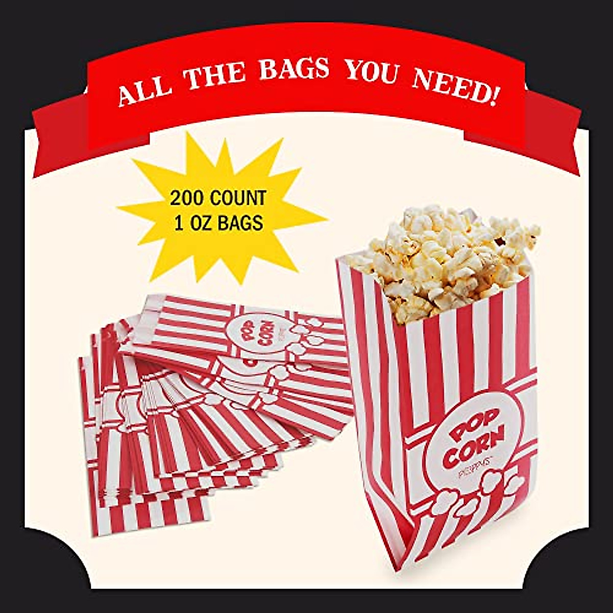 Poppy's Paper Popcorn Bags - 200 1oz Concession-Grade Bags, Popcorn Machine Accessories for Popcorn Bars, Movie Nights, Concessions