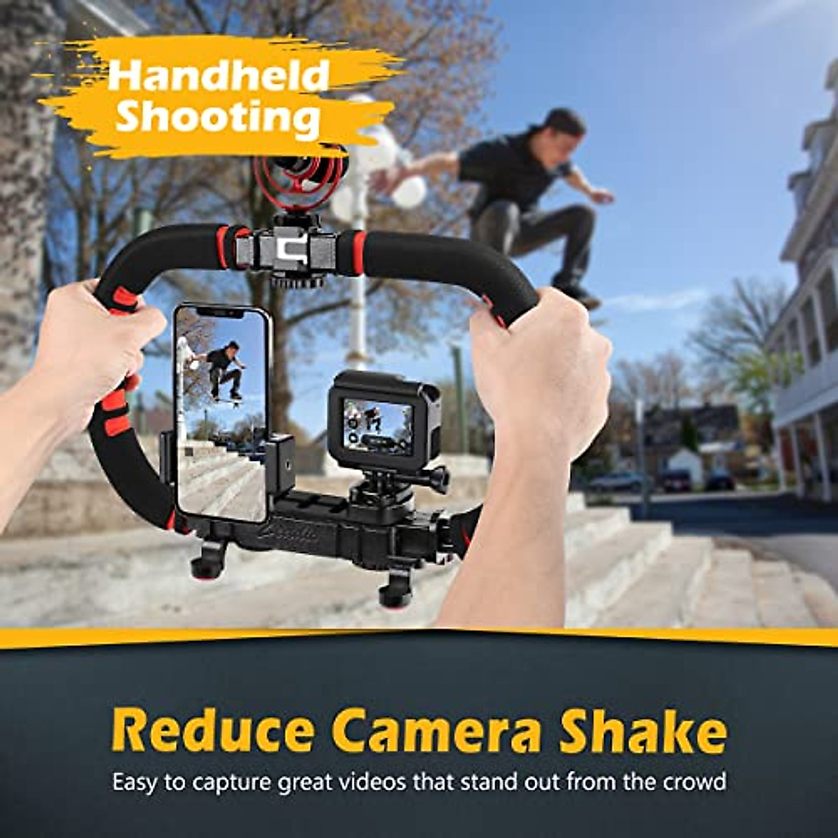 Zeadio Camera Smartphone Stabilizer, Foldable Handle Grip Handheld Video Rig, Compatibility with All Camera, Camcorder, Action Camera, DSLR and All iPhone and Android Smartphones