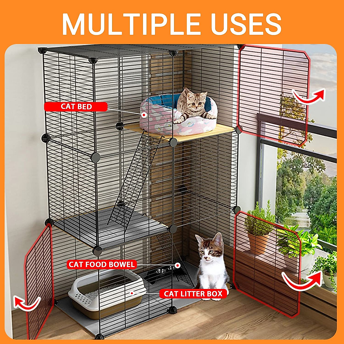 IKARE Cat Cage DIY Indoor Pet Home Small Animal House Detachable Playpen with 3 Doors 3 Tiers for Kitten Puppy Bunny Exercise. (Black，27.6 x 27.6 x 41.3Inch)