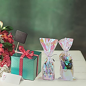 QTOP Cellophane Treat Bags,Iridescent Holographic Goodie Bags, Clear Cello Bags with Twist Ties for Birthday Party Favors, Valentines, Easter, Weddings