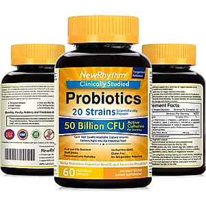NewRhythm Probiotics 50 Billion CFU 20 Strains, 60 Veggie Capsules, Targeted Release Technology, Stomach Acid Resistant, No Need for Refrigeration, Non-GMO, Gluten Free