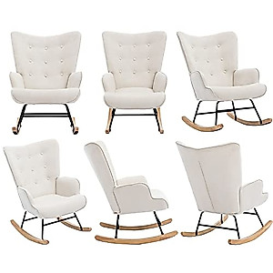 Wahson Glider Rocking Armchair with Tufted High Wingback Chenille Leisure Rocker Recliner Chair with Upholstered Comfy Cushion for Nursery/Indoor/Living Room/Bedroom, Beige