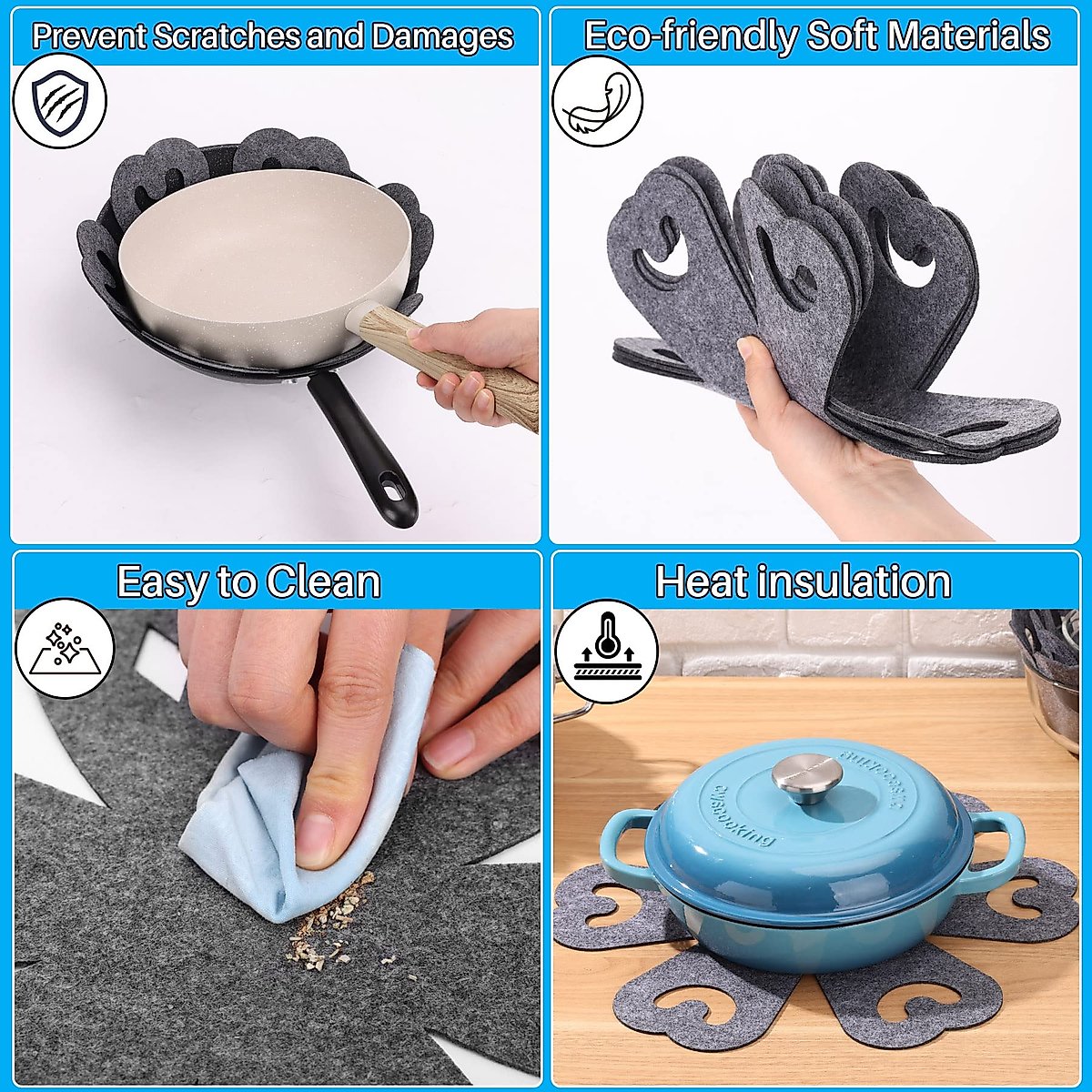 MUAKIOY (Set of 20) Pot and Pan Protectors for Stacking, 4 Different Size, Large High-Density Felt Pads Cookware Separators Dividers Cushioning to Avoid Scratching or Marring, Grey
