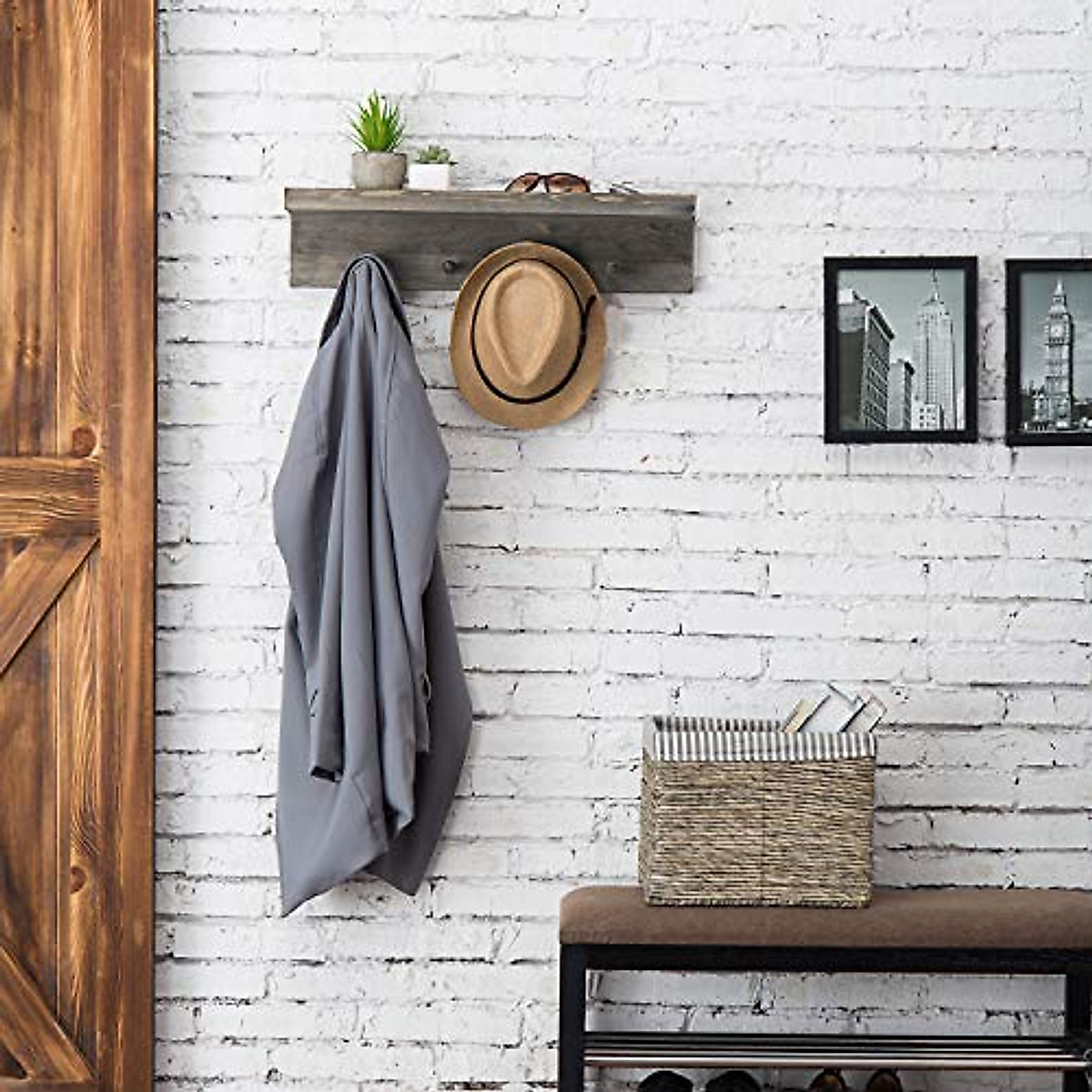 MyGift Wall-Mounted Gray Wood 24-Inch Hanging Shelf with 4 Peg Hooks