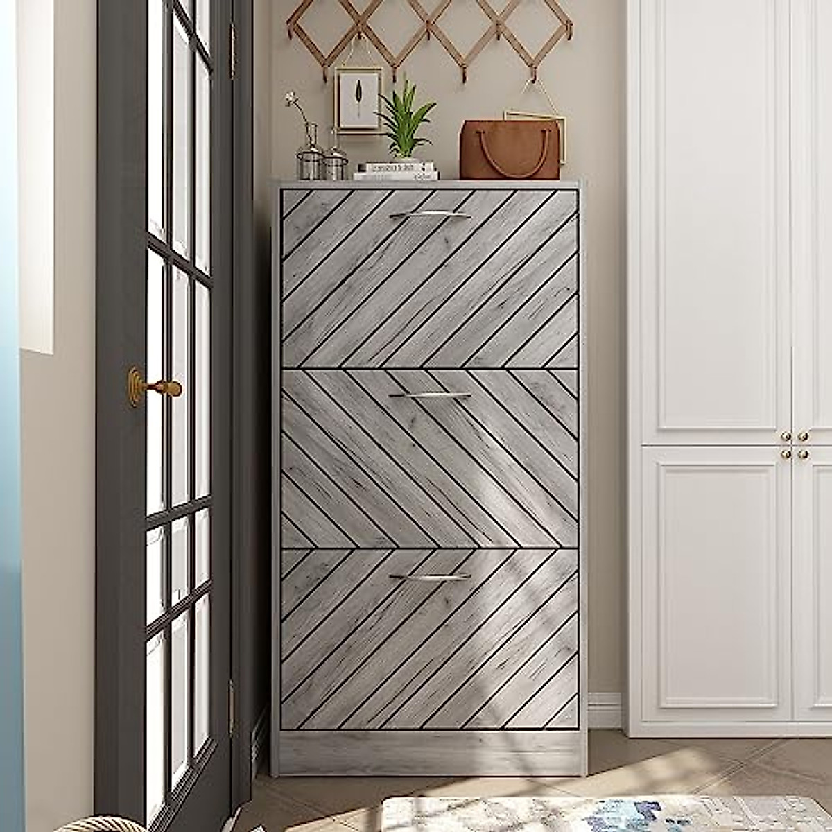 FAMAPY Modern Shoe Cabinet with 3 Flip Drawers, Freestanding Shoe Storage Cabinet, Slanted Design, Shoe Storage Organizer for Hallway Entryway Grey (22.4”W x 9.4”D x 42.3”H)