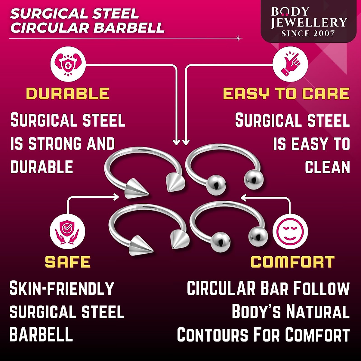 bodyjewellery 4pcs 18g Horseshoe Ring Circular Cartilage Spider Bite Surgical Steel Nose Lip Cartilage Hoop Septum Tragus Stud Ear Eyebrow BBEP 10mm