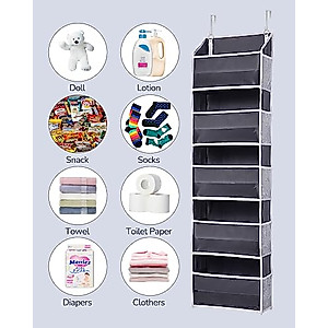 ULG 1 Pack Over Door Organizer with 5 Large Pockets 10 Mesh Side Pockets, 44 lbs Weight Capacity Hanging Storage Organizer with Clear Window Kids Toys, Shoes, Diapers, Dark Grey, 5 Layers