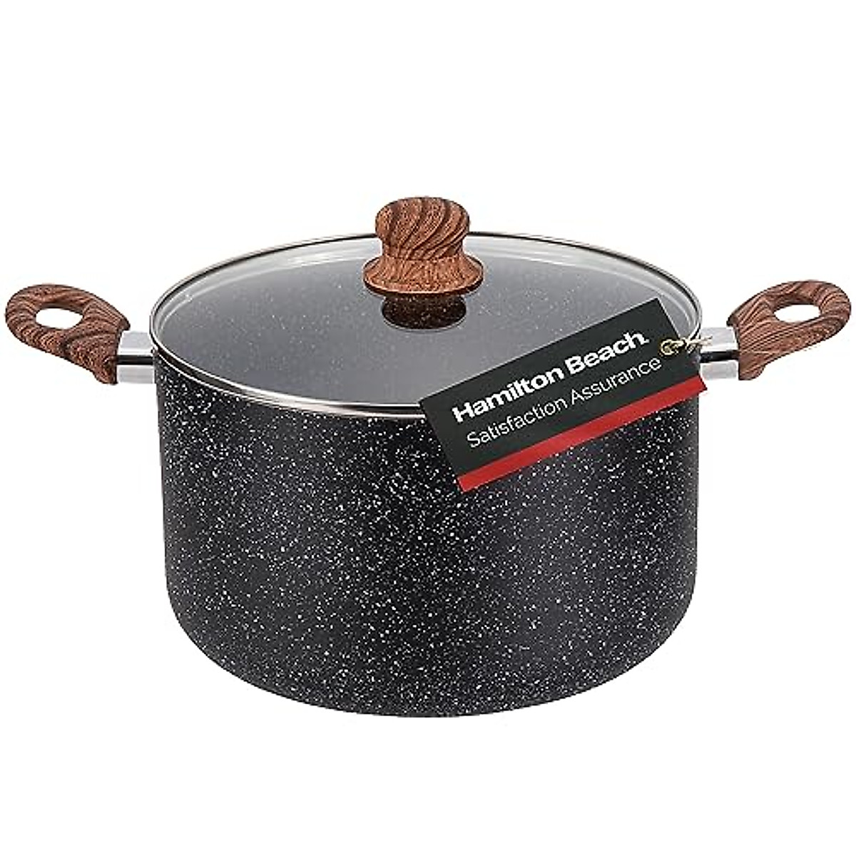 Hamilton Beach 8.5 Quart Nonstick Marble Coating Even Heating Round Dutch Oven Pot with Glass Lid and Wooden Like Soft Touch Handle, Dutch Oven Pot, Braising, Roasting