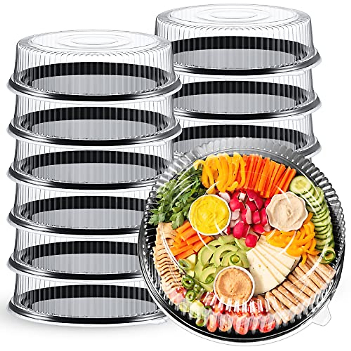 12 Pieces Serving Trays with Lid 18 Inch Plastic Party Platters with Lids Heavy Duty Black Round Food Tray Large Stackable Plastic Catering Trays for Serving Appetizers Veggie Takeout Food Picnic