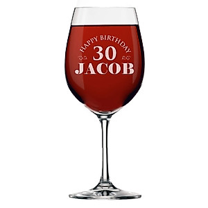 Custom Monogrammed Happy Birthday Wine Glass, Shot Glass, Beer Glass, Champagne Flute - Customized Present for 30th, 40th, 50th, 60th Celebration (16 oz Wine Glass with Stem)