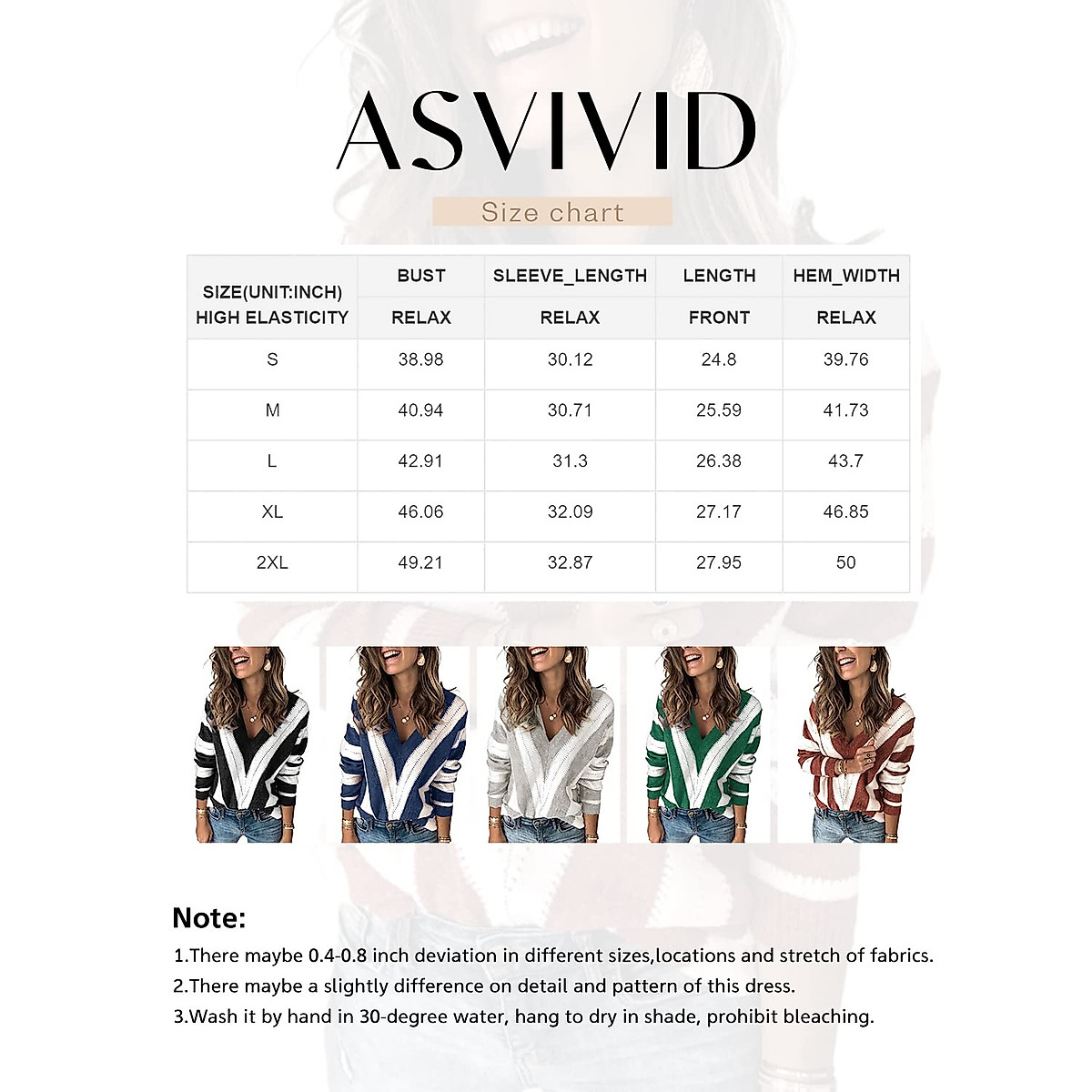 Asvivid Womens Spring Fashion 2023 Long Sleeve V Neck Striped Color Block Sweaters for Women Knitted Pullover Tops Blue Ladies Sweaters M