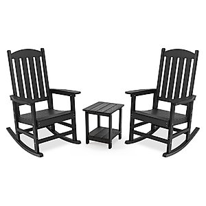 LUE BONA Outdoor Rocking Chairs Set of 3, 2 Chairs & 1 Table HDPS Poly Rocking Chair, All Weather Resistant, Heavy Duty Rocking Chair for Patio, Lawn, Garden, 300LBS, Black