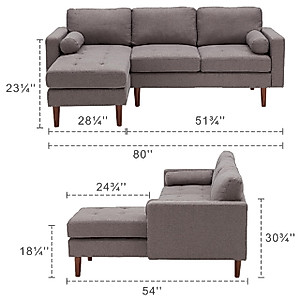 Kingfun 80" W Sectional Sofa Couch, L Shaped Couch with Reversible Chaise, Convertible Sofa Couches for Living Room, Mid Century Modern Linen with Tufted Seat Cushion for Small Space, Grey
