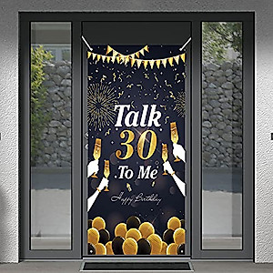 Dill-Dall Happy 30th Birthday Door Cover Banner, Talk 30 to Me Sign, 30th Birthday Backdrop Banner, 30th Birthday Party Decorations (Black & Gold)