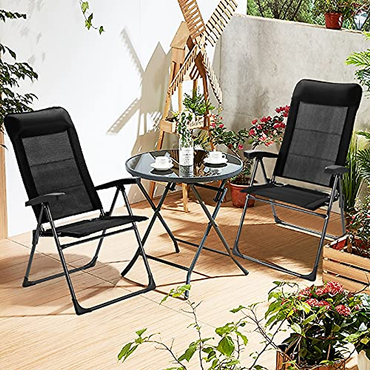 Giantex Set of 2 Patio Dining Chairs, Folding Patio Chairs, Outdoor Lawn Chairs with Adjustable Backrest and Headrest, Sling Camping Chairs, Portable Armchair for Porch Poolside Garden Backyard