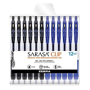 Zebra Pen Sarasa Clip Retractable Gel Pen, Fine Point, 0.5mm, Black and Blue Ink, 12-Pack