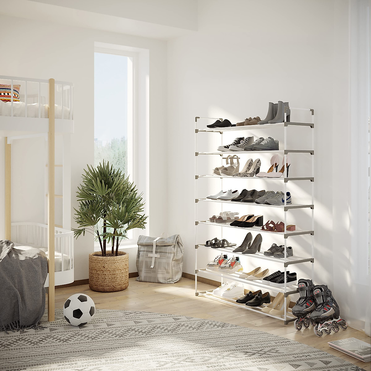 Home-Complete Shoe Rack - 8-Tier Shoe Organizer for Closet, Bathroom, Entryway - Shelf Holds 40 Pairs Sneakers, Heels, Boots (White)