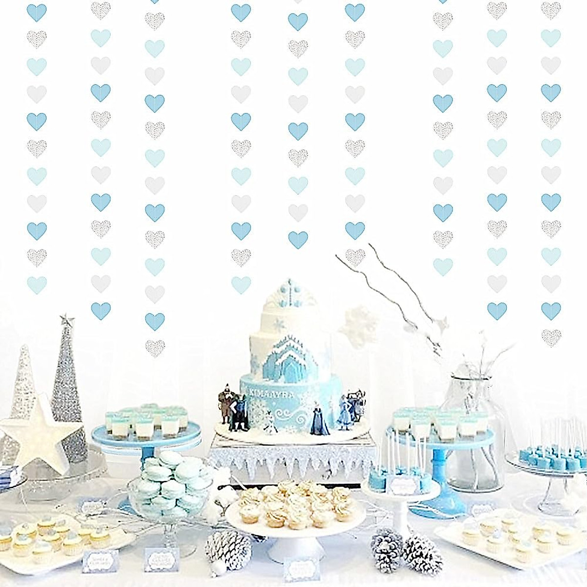 Light-Blue White-Silver Party-Decoration Heart Garland - 52ft Baby Boy Shower Birthday Streamers,Graduation Bachelorette Bridal Christmas Banner Decor Lasting Surprise