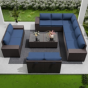 RTDTD Outdoor Patio Furniture Set, 12 Pieces Outdoor Furniture All Weather Patio Sectional Sofa PE Wicker Modular Conversation Sets with Coffee Table,10 Chairs & Seat Clips Dark Blue