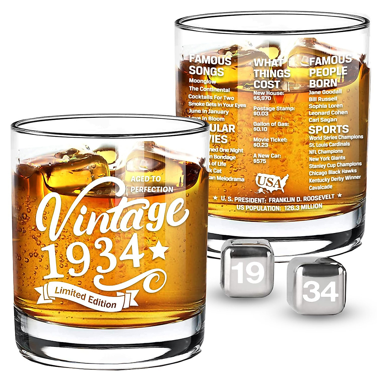 Old Fashioned Glasses-1934-Vintage 1934 Old Time Information 10.25oz Whiskey Rocks Glass -90th Birthday Aged to Perfection - 90 Years Old Gifts Bourbon Scotch Lowball Old Fashioned-1 PACK