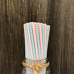 Gender Reveal Paper Straws - Blue Pink White Chevron - 50 Pack
