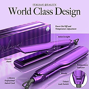 Milano by Laurenza Hair Straightener and Curler 2 in 1, SuperMax Design 8.5 Inch² Extra-Large 3D Floating Ceramic Flat Iron, Dual Voltage Straightening Irons with 20 Million cm³ Anion Outlet (Purple)